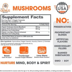 Genius Mushroom - Lions Mane, Cordyceps and Reishi - Immune System Booster & Nootropic Brain Supplement - for Natural Energy, Memory & Liver Support, 90 Veggie Pills