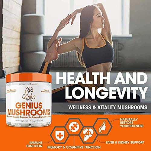 Genius Mushroom - Lions Mane, Cordyceps and Reishi - Immune System Booster & Nootropic Brain Supplement - for Natural Energy, Memory & Liver Support, 90 Veggie Pills