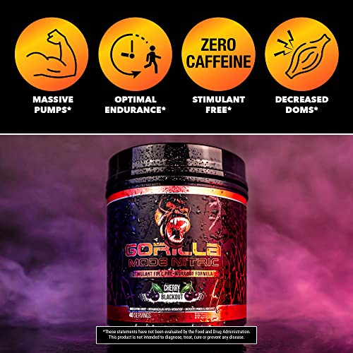 Gorilla Mode Nitric Stimulant Free Pre-Workout – Best Tasting and Most Effective Stimulant Free Pre-Workout / Massive Pumps · Vasodilation · Power / 700 Grams (Cherry Blackout)