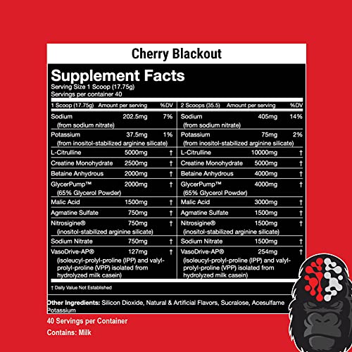 Gorilla Mode Nitric Stimulant Free Pre-Workout – Best Tasting and Most Effective Stimulant Free Pre-Workout / Massive Pumps · Vasodilation · Power / 700 Grams (Cherry Blackout)