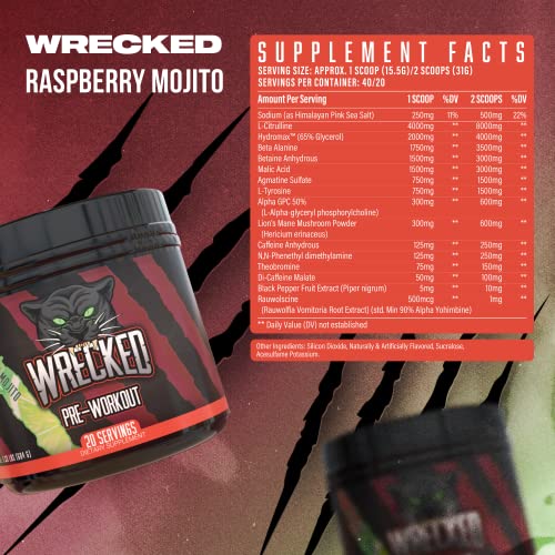 Huge Supplements Wrecked Pre-Workout Powder, 30G+ Ingredients Per Serving to Boost Energy, Pumps, and Focus with L-Citrulline, Beta-Alanine, Hydromax, L-Tyrosine, and No Useless Fillers (40 Servings)