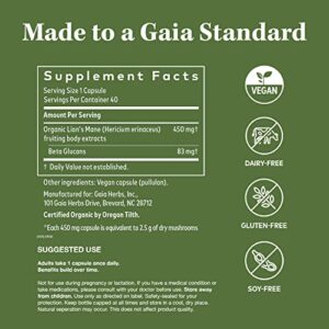 Gaia Herbs Lion’s Mane Mushroom - Brain and Nerve Support Supplement to Help Maintain Neurological Health - with Organic Lion's Mane Mushrooms - 40 Vegan Liquid Phyto-Capsules (40-Day Supply)