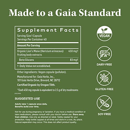 Gaia Herbs Lion’s Mane Mushroom - Brain and Nerve Support Supplement to Help Maintain Neurological Health - with Organic Lion's Mane Mushrooms - 40 Vegan Liquid Phyto-Capsules (40-Day Supply)