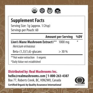 Organic Lions Mane Mushroom Powder Supplement - Improve Cognitive and Immune Support - Gluten Free Powder Extract