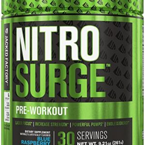 NITROSURGE Pre Workout Supplement - Energy Booster, Instant Strength Gains, Clear Focus, & Intense Pumps - Nitric Oxide Booster & Powerful Preworkout Energy Powder - 30 Servings, Blue Raspberry