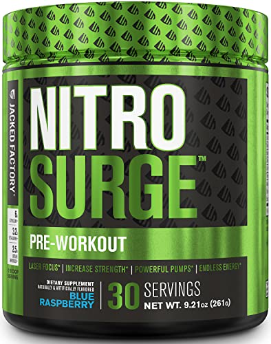 NITROSURGE Pre Workout Supplement - Energy Booster, Instant Strength Gains, Clear Focus, & Intense Pumps - Nitric Oxide Booster & Powerful Preworkout Energy Powder - 30 Servings, Blue Raspberry