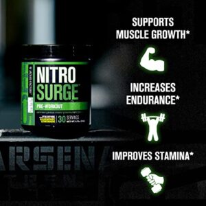 NITROSURGE Pre Workout Supplement - Energy Booster, Instant Strength Gains, Clear Focus, & Intense Pumps - Nitric Oxide Booster & Powerful Preworkout Energy Powder - 30 Servings, Blue Raspberry