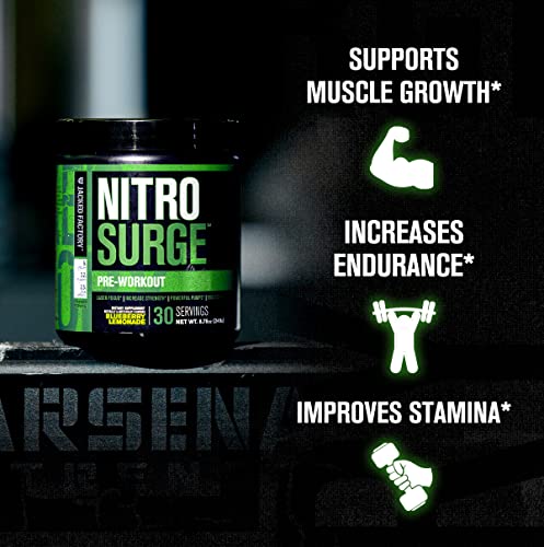 NITROSURGE Pre Workout Supplement - Energy Booster, Instant Strength Gains, Clear Focus, & Intense Pumps - Nitric Oxide Booster & Powerful Preworkout Energy Powder - 30 Servings, Blue Raspberry