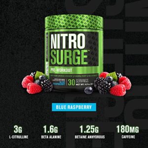 NITROSURGE Pre Workout Supplement - Energy Booster, Instant Strength Gains, Clear Focus, & Intense Pumps - Nitric Oxide Booster & Powerful Preworkout Energy Powder - 30 Servings, Blue Raspberry