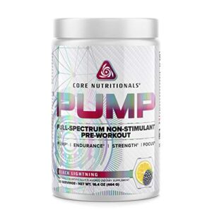 core nutritionals pump full-spectrum non-stimulant pre-workout, with n03t® nitrate, peak02®, alpha gpc, for maximum pump, strength, and performance 20 servings (black lightning)