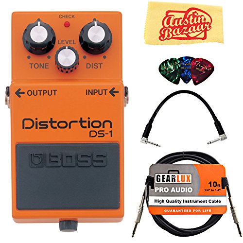 Boss DS-1 Distortion Bundle with Instrument Cable, Patch Cable, Picks, and Austin Bazaar Polishing Cloth