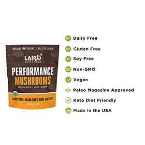 Laird Superfood Organic Performance Mushroom Blend with Chaga, Cordyceps, Lion's Mane and Maitake for Energy and Cognition, 3.17 oz. Bag, Pack of 1