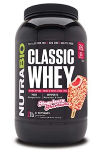 nutrabio classic whey protein powder- 25g of protein per scoop – full-spectrum amino acid profile – no fillers, artificial colors, preservatives – low glycemic index – strawberry shortcake, 2 pounds