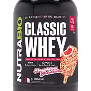 NutraBio Classic Whey Protein Powder- 25G of Protein Per Scoop - Full-Spectrum Amino Acid Profile - No Fillers, Artificial Colors, Preservatives - Low Glycemic Index - Strawberry Shortcake, 2 Pounds