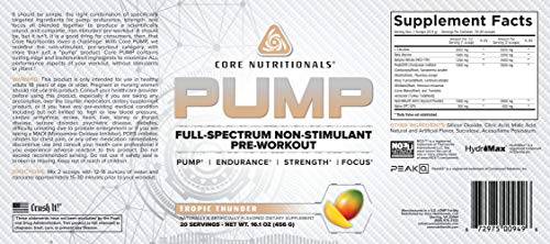 Core Nutritionals Pump Full-Spectrum Non-Stimulant Pre-Workout, with N03T® Nitrate, Peak02®, Alpha GPC, for Maximum Pump, Strength, and Performance 20 Servings (Tropic Thunder)