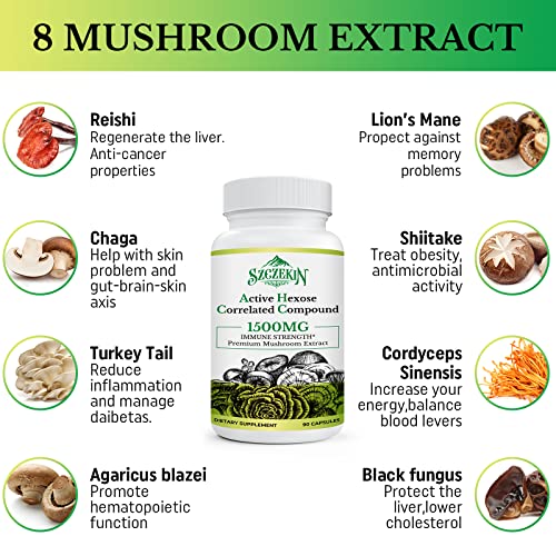 Active Hexose Correlated Compound 1500 mg Supplement, Natural 8 Mushroom Extract Supplement, Supports Immune System, Liver Function, Maintains Natural Killer and T Cells Activity, 180 Veggie Capsules