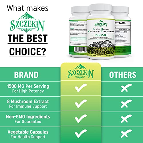 Active Hexose Correlated Compound 1500 mg Supplement, Natural 8 Mushroom Extract Supplement, Supports Immune System, Liver Function, Maintains Natural Killer and T Cells Activity, 180 Veggie Capsules