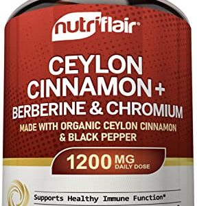 NutriFlair Ceylon Cinnamon, Berberine HCL, Chromium, Black Pepper Extract (Made with True Ceylon Cinnamon) - 1200mg per Serving, 120 Capsules - Lipid Levels, Antioxidant