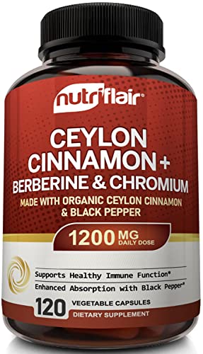 NutriFlair Ceylon Cinnamon, Berberine HCL, Chromium, Black Pepper Extract (Made with True Ceylon Cinnamon) - 1200mg per Serving, 120 Capsules - Lipid Levels, Antioxidant