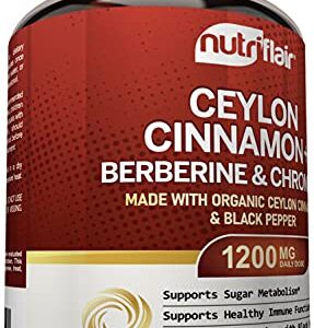 NutriFlair Ceylon Cinnamon, Berberine HCL, Chromium, Black Pepper Extract (Made with True Ceylon Cinnamon) - 1200mg per Serving, 120 Capsules - Lipid Levels, Antioxidant