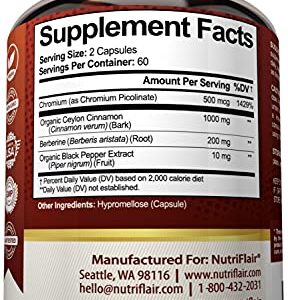 NutriFlair Ceylon Cinnamon, Berberine HCL, Chromium, Black Pepper Extract (Made with True Ceylon Cinnamon) - 1200mg per Serving, 120 Capsules - Lipid Levels, Antioxidant