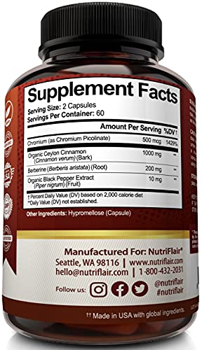 NutriFlair Ceylon Cinnamon, Berberine HCL, Chromium, Black Pepper Extract (Made with True Ceylon Cinnamon) - 1200mg per Serving, 120 Capsules - Lipid Levels, Antioxidant