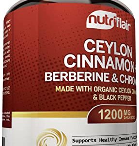 NutriFlair Ceylon Cinnamon, Berberine HCL, Chromium, Black Pepper Extract (Made with True Ceylon Cinnamon) - 1200mg per Serving, 120 Capsules - Lipid Levels, Antioxidant