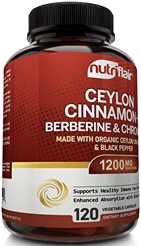 NutriFlair Ceylon Cinnamon, Berberine HCL, Chromium, Black Pepper Extract (Made with True Ceylon Cinnamon) - 1200mg per Serving, 120 Capsules - Lipid Levels, Antioxidant