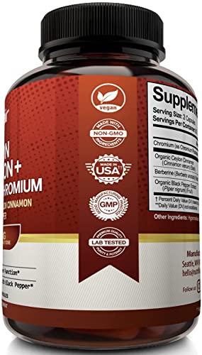 NutriFlair Ceylon Cinnamon, Berberine HCL, Chromium, Black Pepper Extract (Made with True Ceylon Cinnamon) - 1200mg per Serving, 120 Capsules - Lipid Levels, Antioxidant