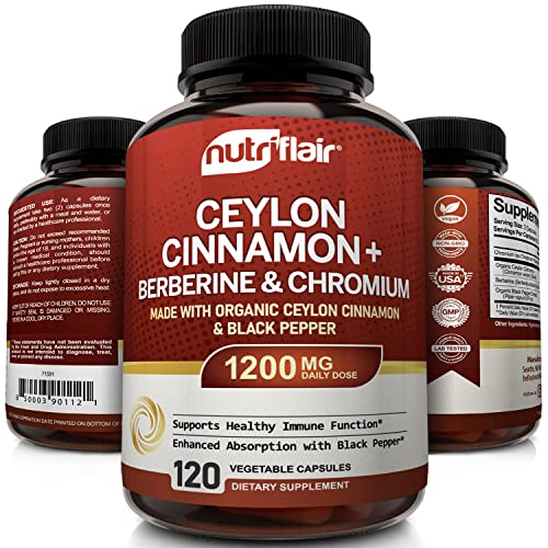 NutriFlair Ceylon Cinnamon, Berberine HCL, Chromium, Black Pepper Extract (Made with True Ceylon Cinnamon) - 1200mg per Serving, 120 Capsules - Lipid Levels, Antioxidant