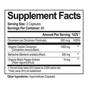 NutriFlair Ceylon Cinnamon, Berberine HCL, Chromium, Black Pepper Extract (Made with True Ceylon Cinnamon) - 1200mg per Serving, 120 Capsules - Lipid Levels, Antioxidant