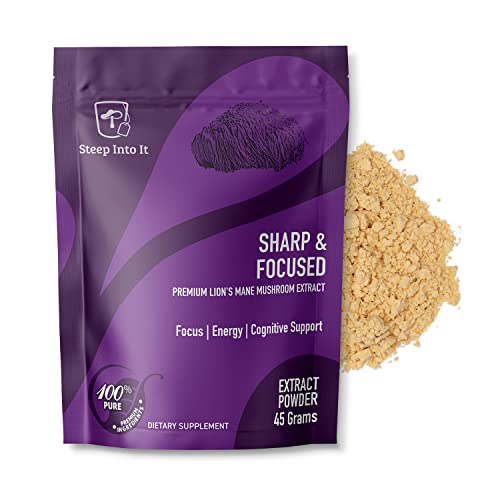 Steep Into It Organic Lions Mane Mushroom Supplement - Lions Mane Extract Powder for Mental Clarity, Focus and Cognitive Function (45g, 30 Servings) - Sharp & Focused