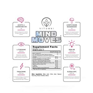 Vitomni Mind Moves - Nootropic Brainy Berry | 30 Servings | Creativity, Focus and Energy with Lion’s Mane, Alpha-GPC, KSM-66