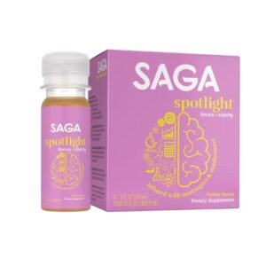 saga spotlight mushroom energy shots, nootropic & adaptogen brain focus, cognitive supplement functional beverage with organic lion’s mane, cordyceps, gingko and bacopa, vegan, exotic guava, 6 pack