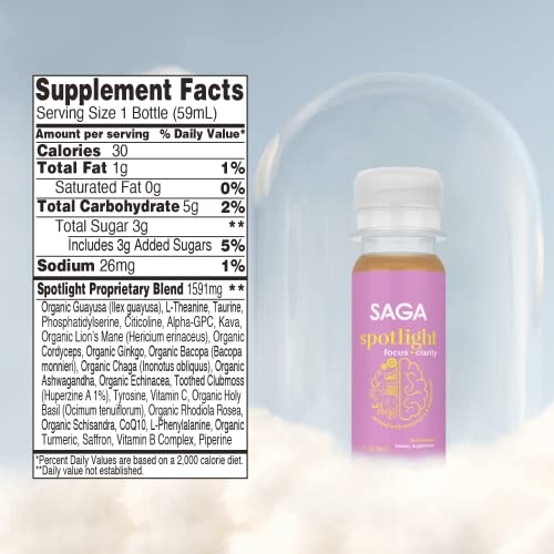 SAGA Spotlight Mushroom Energy Shots, Nootropic & Adaptogen Brain Focus, Cognitive Supplement Functional Beverage with Organic Lion’s Mane, Cordyceps, Gingko and Bacopa, Vegan, Exotic Guava, 6 Pack