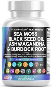 sea moss 3000mg black seed oil 2000mg ashwagandha 1000mg turmeric 1000mg bladderwrack 1000mg burdock 1000mg & vitamin c vitamin d3 with elderberry manuka dandelion yellow dock iodine chlorophyll acv