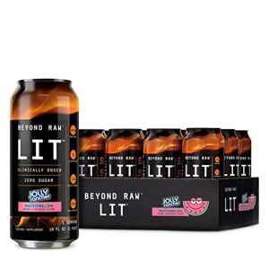 beyond raw lit on-the-go | ready to drink cans | contains caffeine, l-citruline, and beta-alanine | nitrix oxide preworkout supplement | jolly rancher watermelon | 12 cans