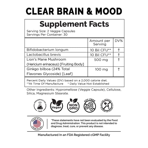 Clear Probiotics Brain and Mood - Brain Fog - Brain Cell Generation and Growth - Improved Mental Acuity - Memory - Balanced Microbiome - Ginkgo Biloba - Lions - Mane - 60 Count