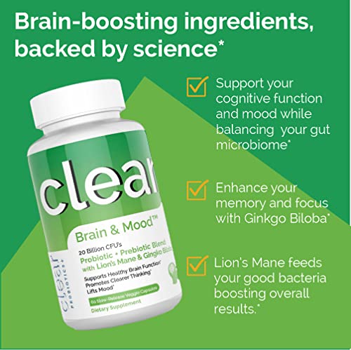 Clear Probiotics Brain and Mood - Brain Fog - Brain Cell Generation and Growth - Improved Mental Acuity - Memory - Balanced Microbiome - Ginkgo Biloba - Lions - Mane - 60 Count