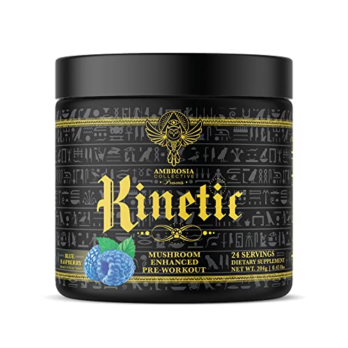 Ambrosia Kinetic Organic Preworkout, Mushroom Enhanced Natural Pre Workout Supplement, Nootropic Superfood Powder for Energy (Blue Raspberry)