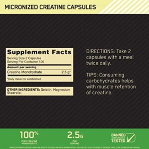 Optimum Nutrition Micronized Creatine Monohydrate Capsules, Keto Friendly, 2500mg, 200 Capsules (Packaging May Vary)