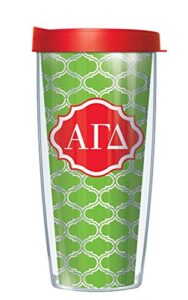 alpha gamma delta on clear roundabout traveler 16 oz tumbler mug with red lid