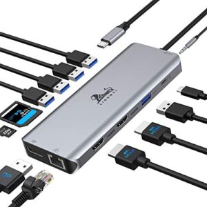 usb c docking station dual monitor, 13 in 1 triple display laptop multiport adapter hub with 2 hdmi+dp+ethernet+5usb+sd/tf+usb c pd+audio for macbook pro/air/dell/hp/lenovo/thinkpad more type-c laptop