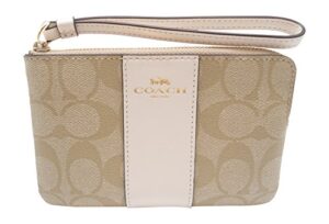 coach signature pvc leather corner zip wristlet, light khaki, chalk