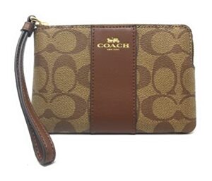 coach women’s corner zip wristlet in signature canvas (khaki saddle2)