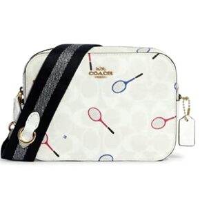 coach women’s mini camera bag (signature canvas – racquet print – chalk multi)