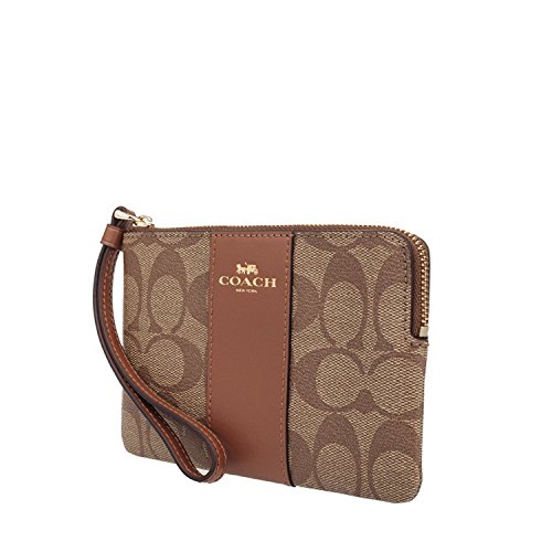 Coach Corner Zip Signature PVC Wristlet, 58035, KHAKI/SADDLE