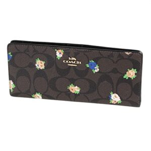 coach womens slim wallet in leather (im/brown black multi with vintage mini rose print)