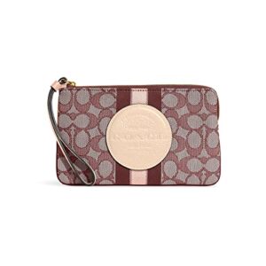 coach dempsey large corner zip wristlet in signature jacquard with stripe patch (wine multi)