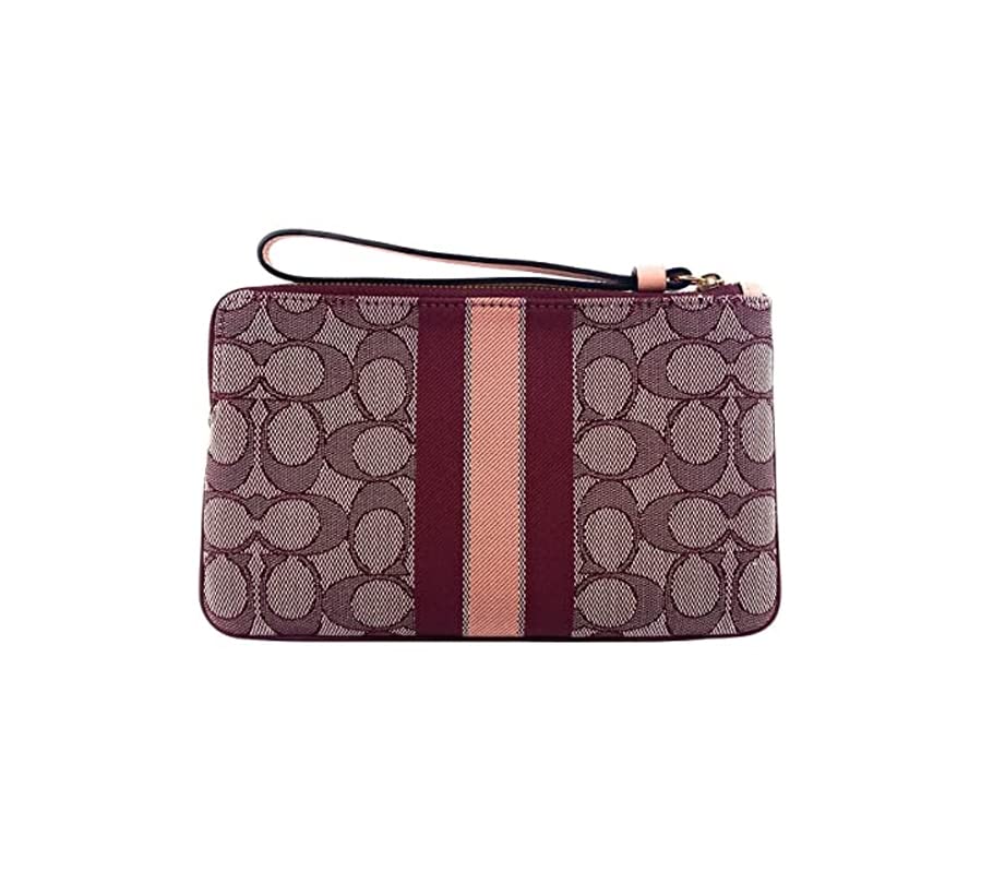 COACH Dempsey Large Corner Zip Wristlet In Signature Jacquard With Stripe Patch (Wine Multi)